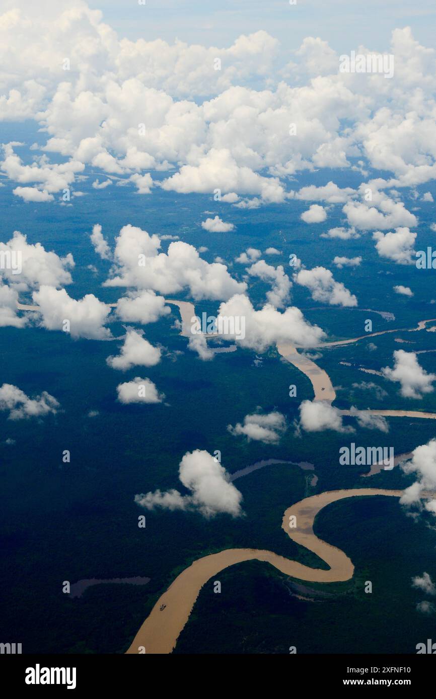 Aerial view of river meanders and forest around the Gunung Mulu ...