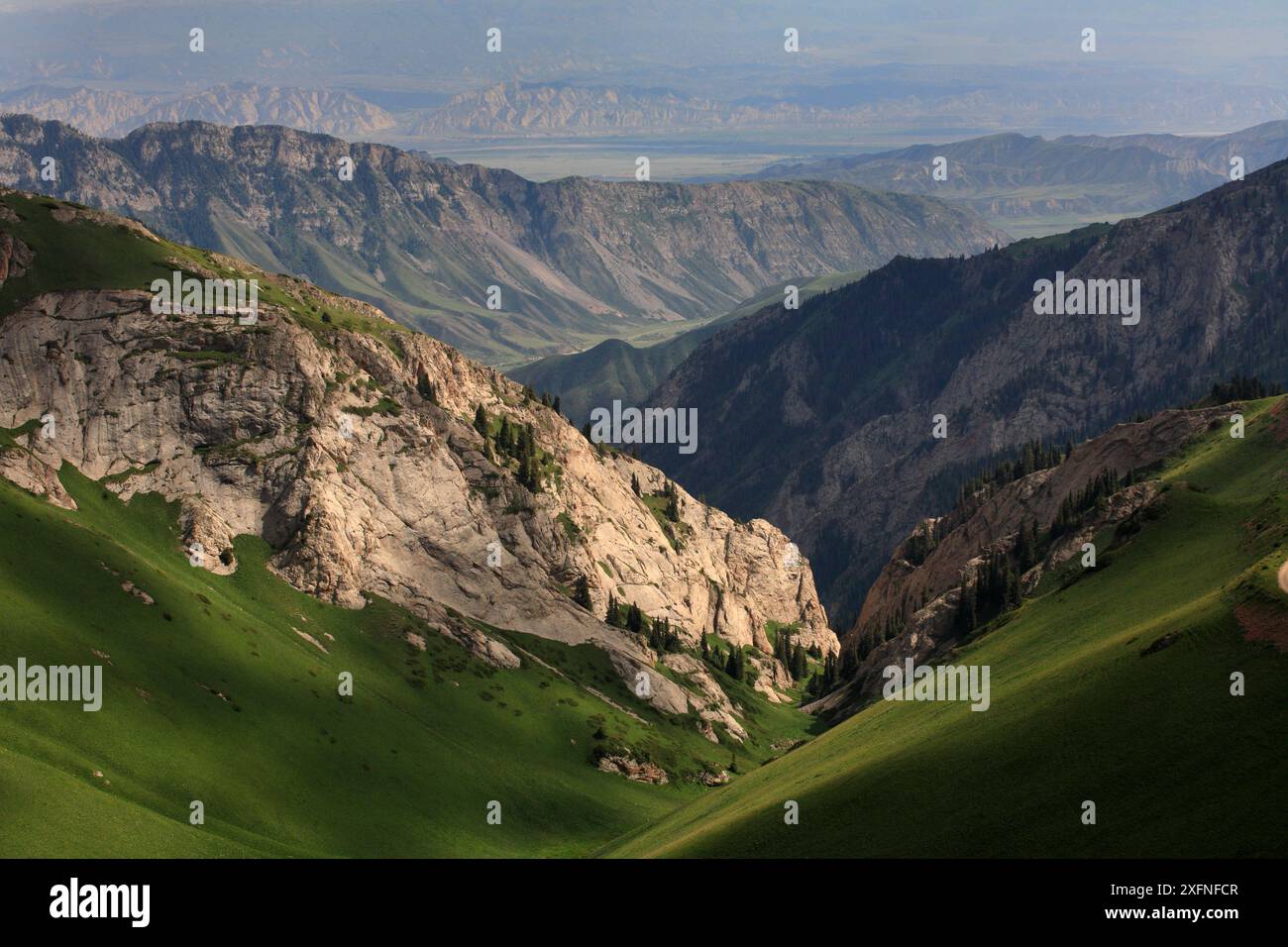 View from Upland plateau of Lake Sonkel to valley of River Naryn, with ...