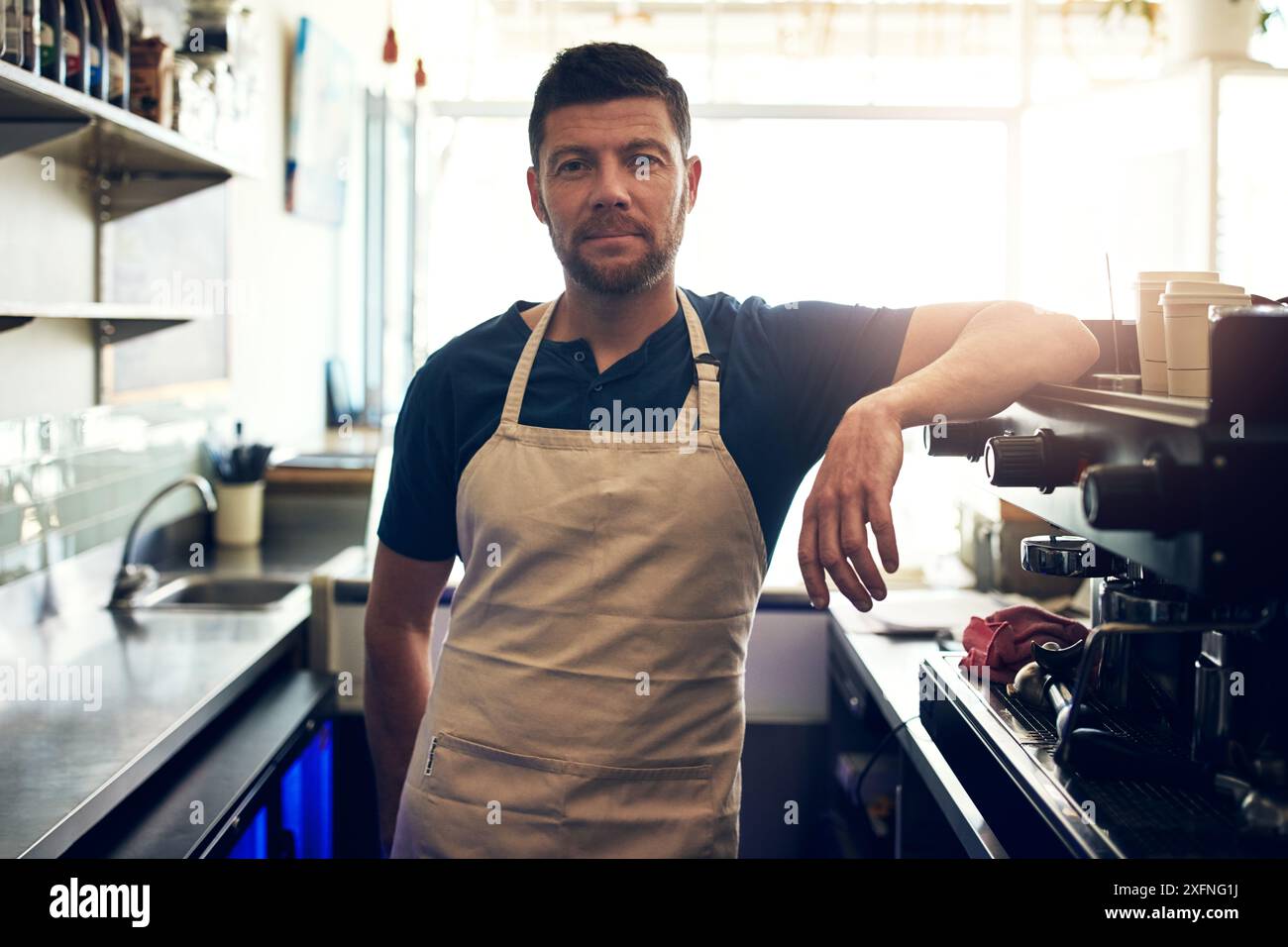 Waiter, man and serious on portrait in cafe for customer service ...
