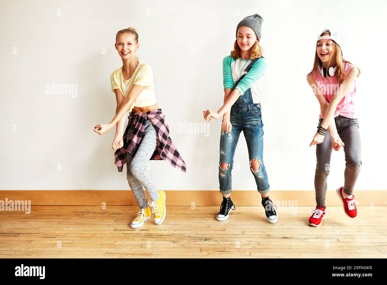 Girl, teen friends and dancing in studio for bonding together, funky ...