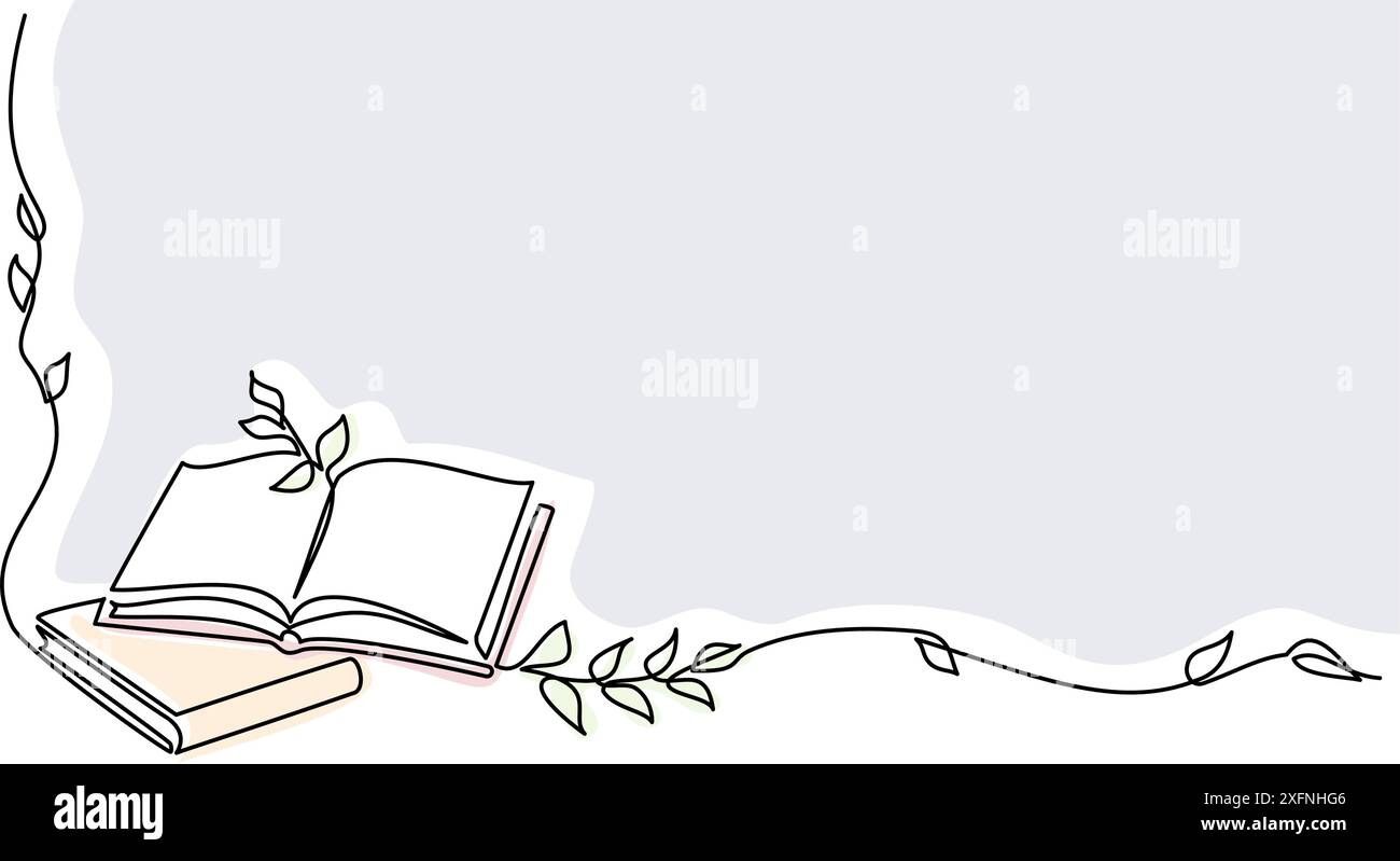 Opened book with branch of leaves corner frame. Continuous one line ...