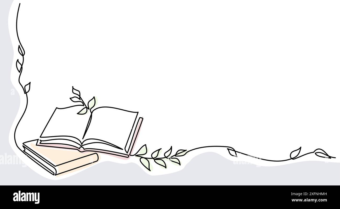 Opened book with branch of leaves corner frame. Continuous one line ...