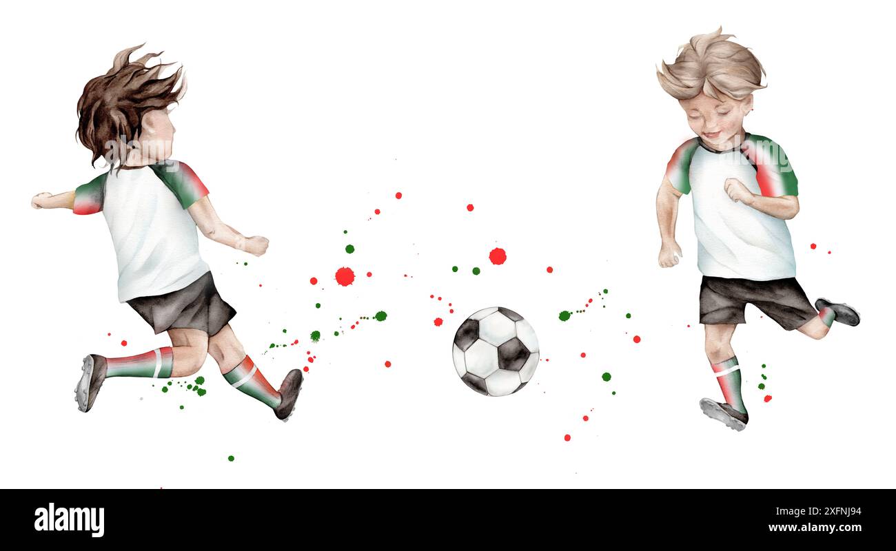 Football player young sportsman hand drawn with watercolor ball and red ...