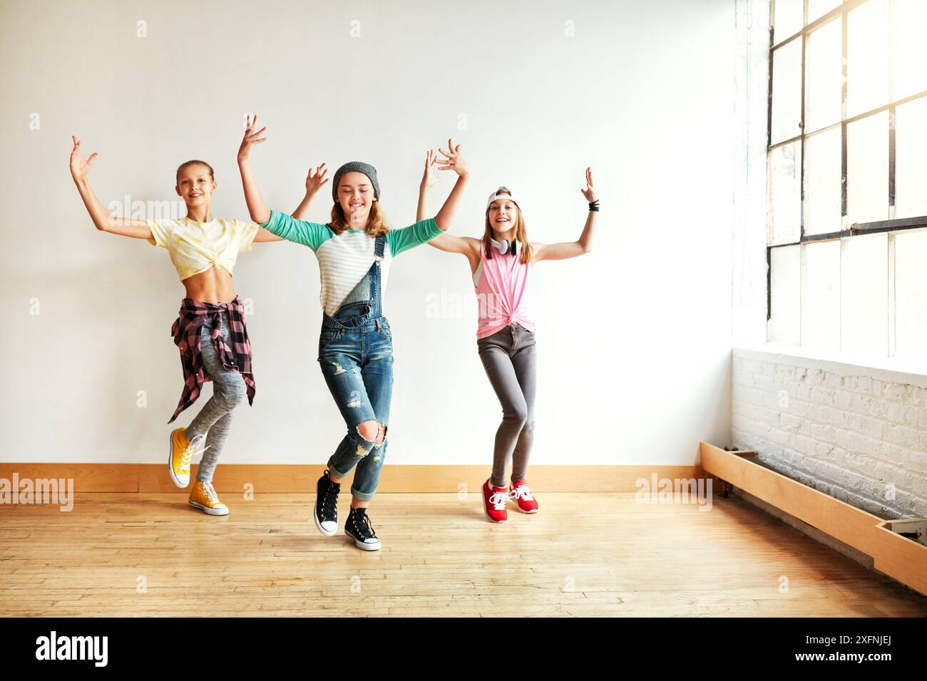 Dancing, girl group and portrait of children with music, studio and ...