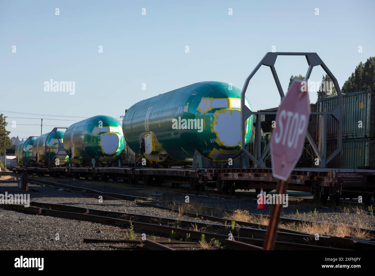 Seattle, Washington, USA. 4th July, 2024. Unfinished Boeing 737 MAX fuselages parked at Balmer ...