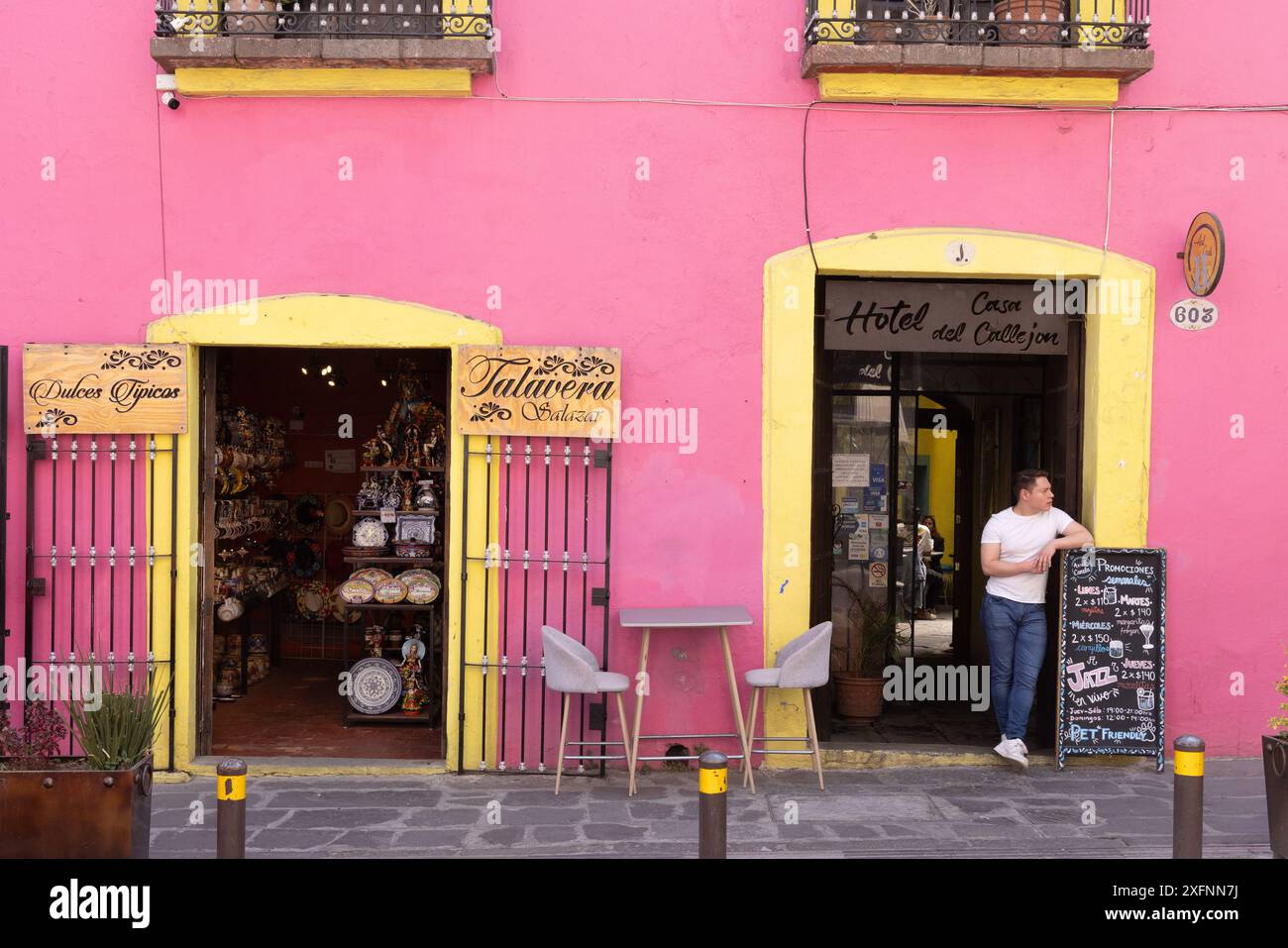 Puebla Mexico street scene; brightly colourful buildings in the UNESCO ...