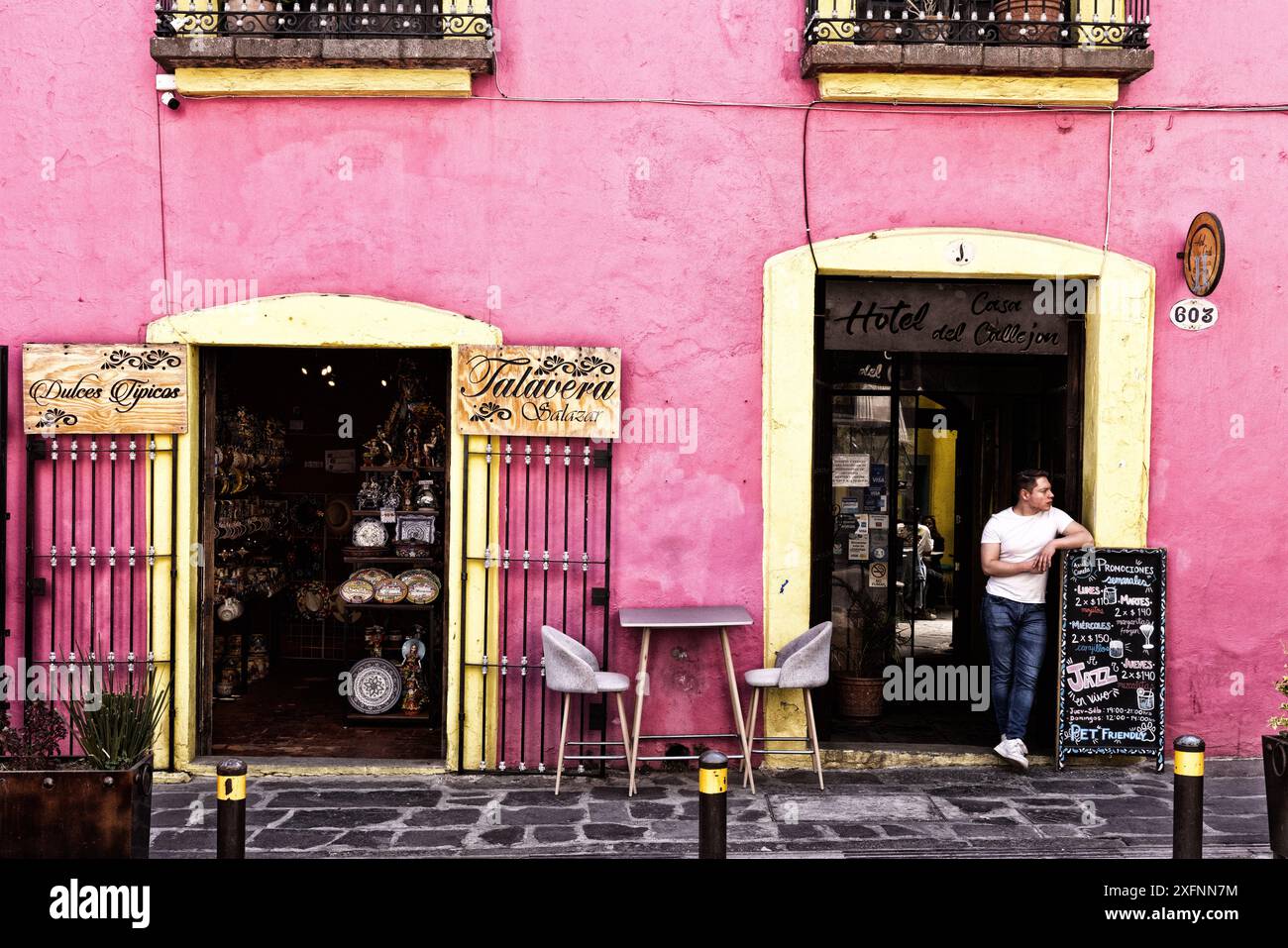 Puebla Mexico street scene; brightly colourful buildings in the UNESCO ...