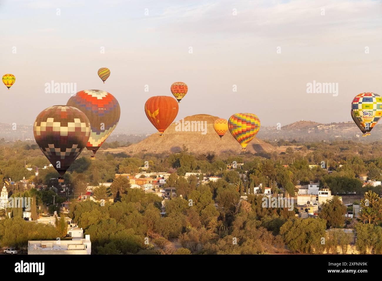 Hot air balloons over The Pyramid of the Sun, ancient mesoamerica city ...