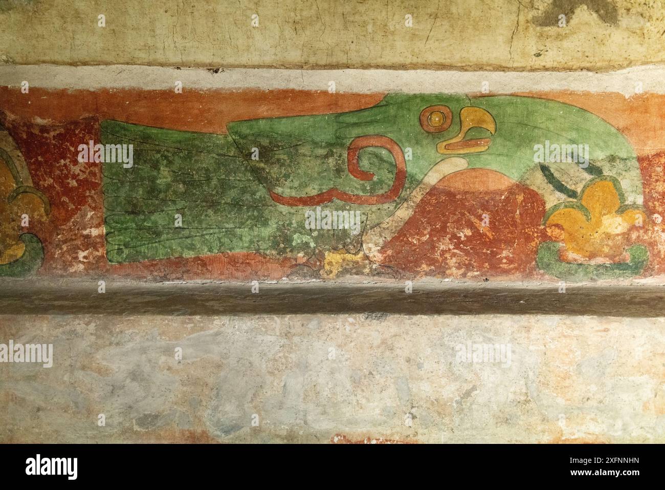 Teotihuacan mural; colorful paintings of a green bird, likely a quetzal ...