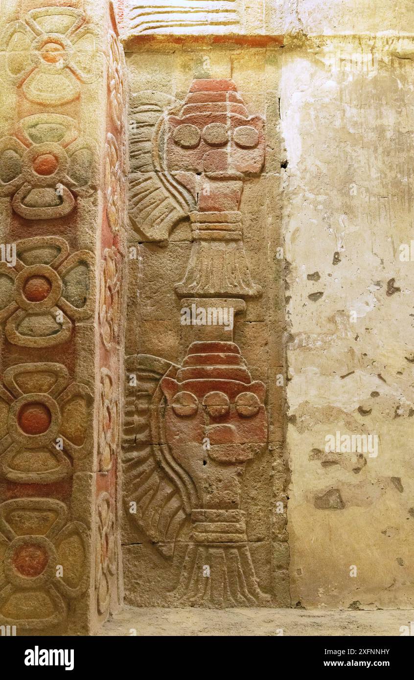 Teotihuacan art; colorful carving on a pillar, Palace of ...