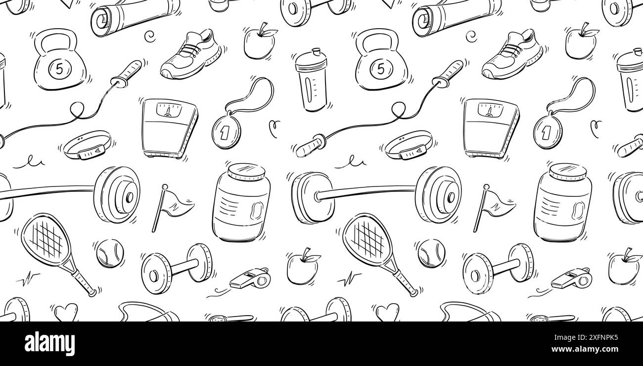 Doodle gym sketch health seamless pattern background. Hand drawn sketch ...