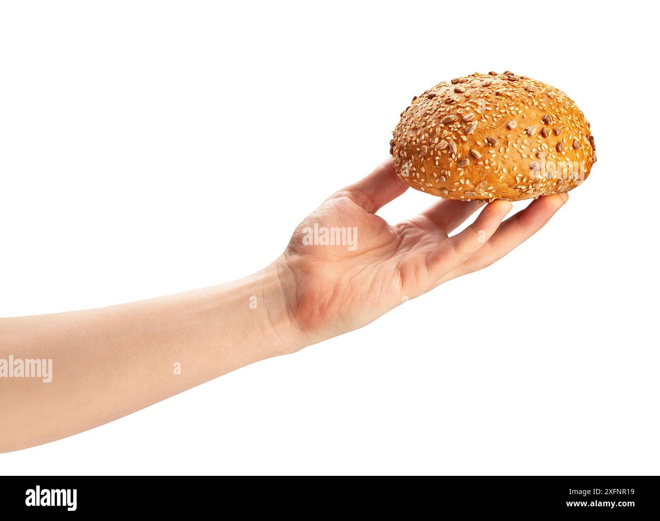 bread bun in hand path isolated on white Stock Photo - Alamy