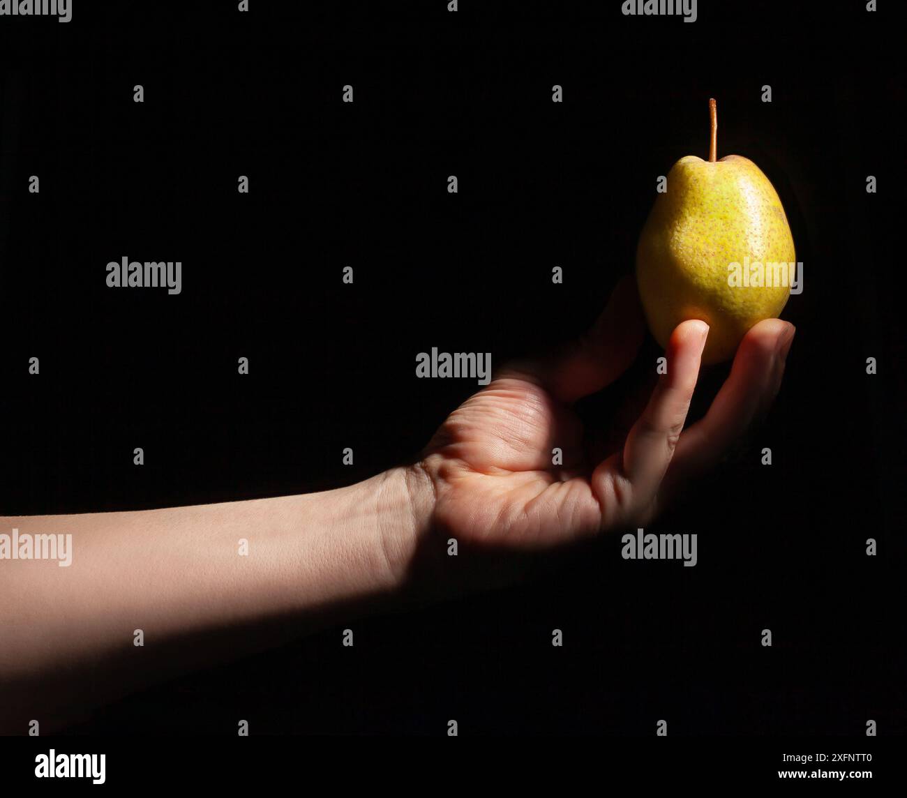 pear in hand on black background Stock Photo - Alamy