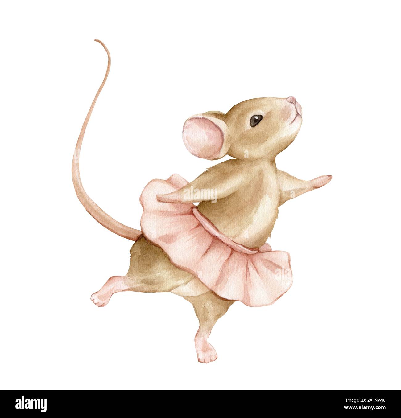 Hand drawn watercolor illustration mouse ballerina in a pink tutu ...