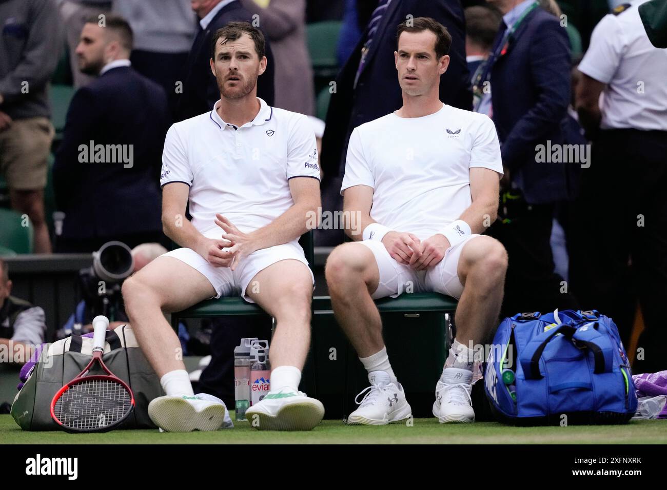 Britain's Andy Murray, right, and brother Jamie Jamie react following ...