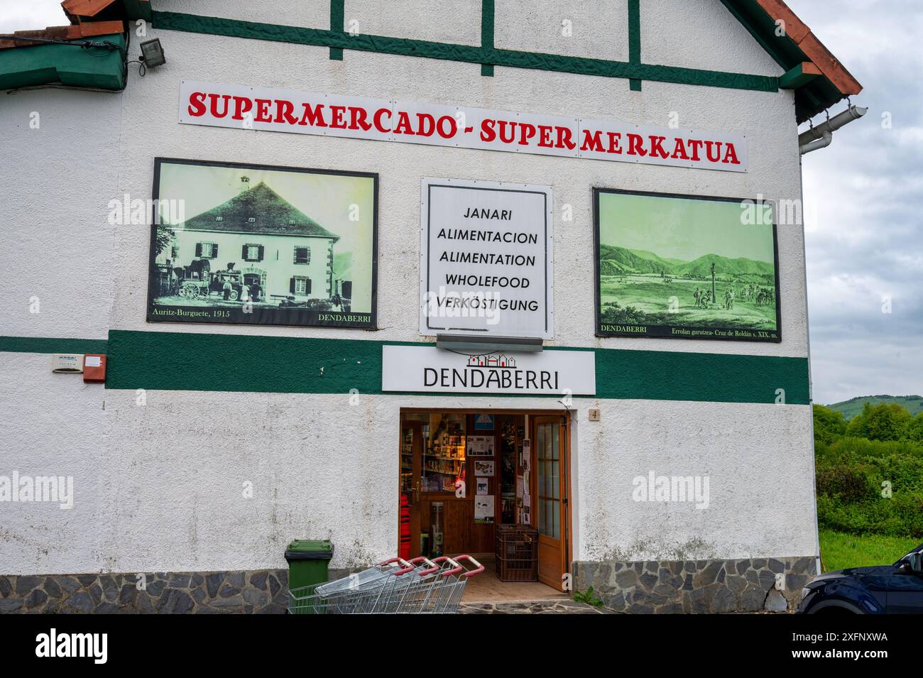 Burguete, Spain- May 17, 2024: The front of Dendaberri Supermarket in ...