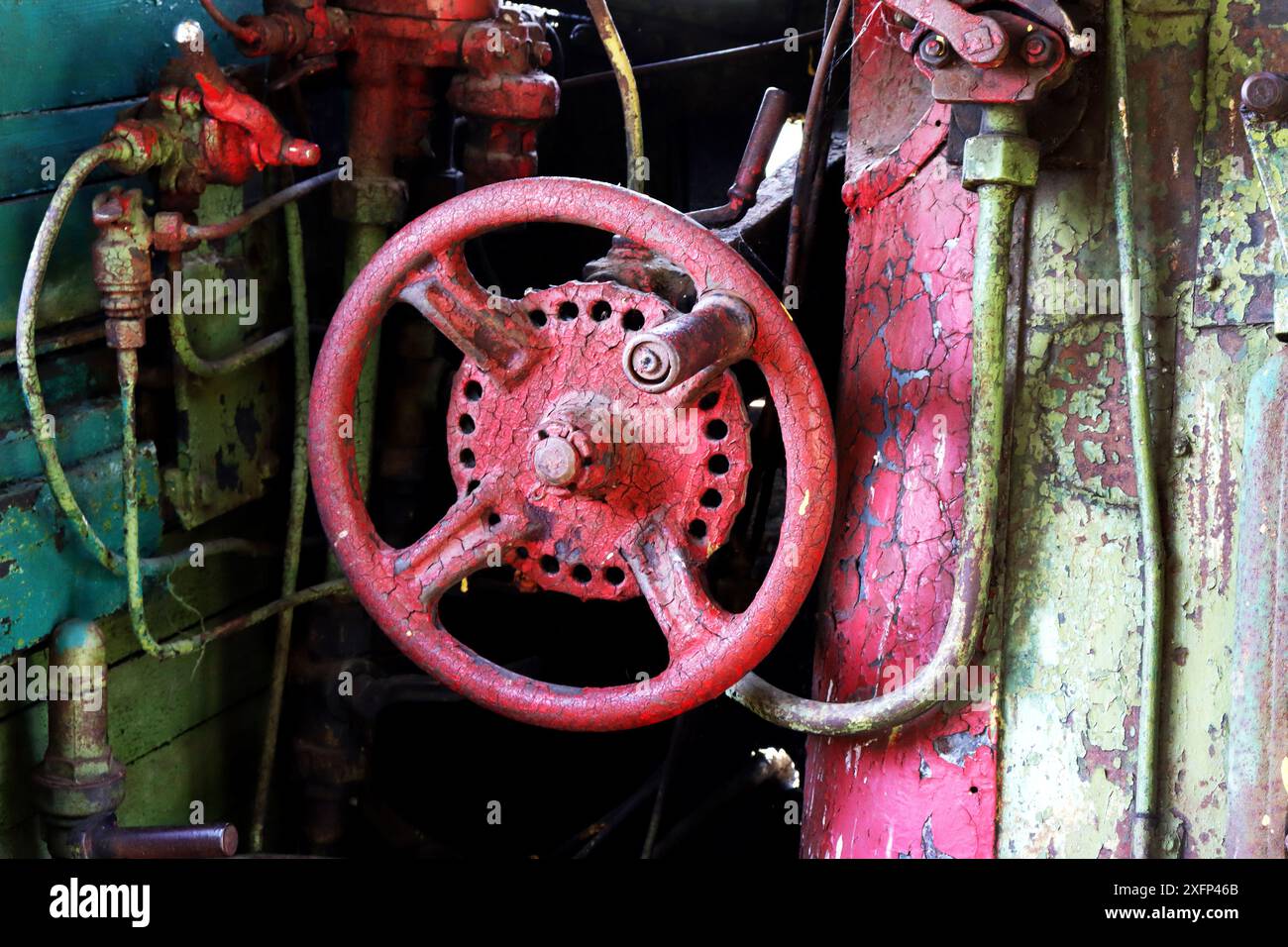 Steam engine controls. Fragment of the driver's cabin of a retro steam ...