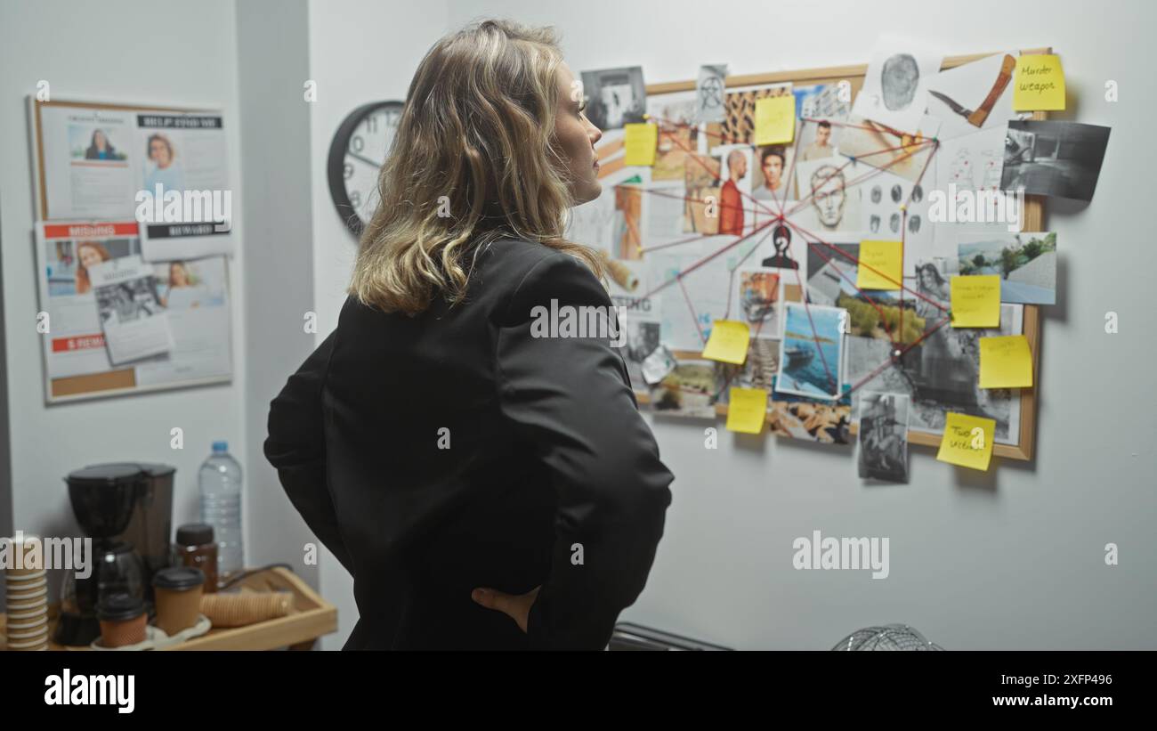 A blonde woman detective examines a crime investigation board in a ...