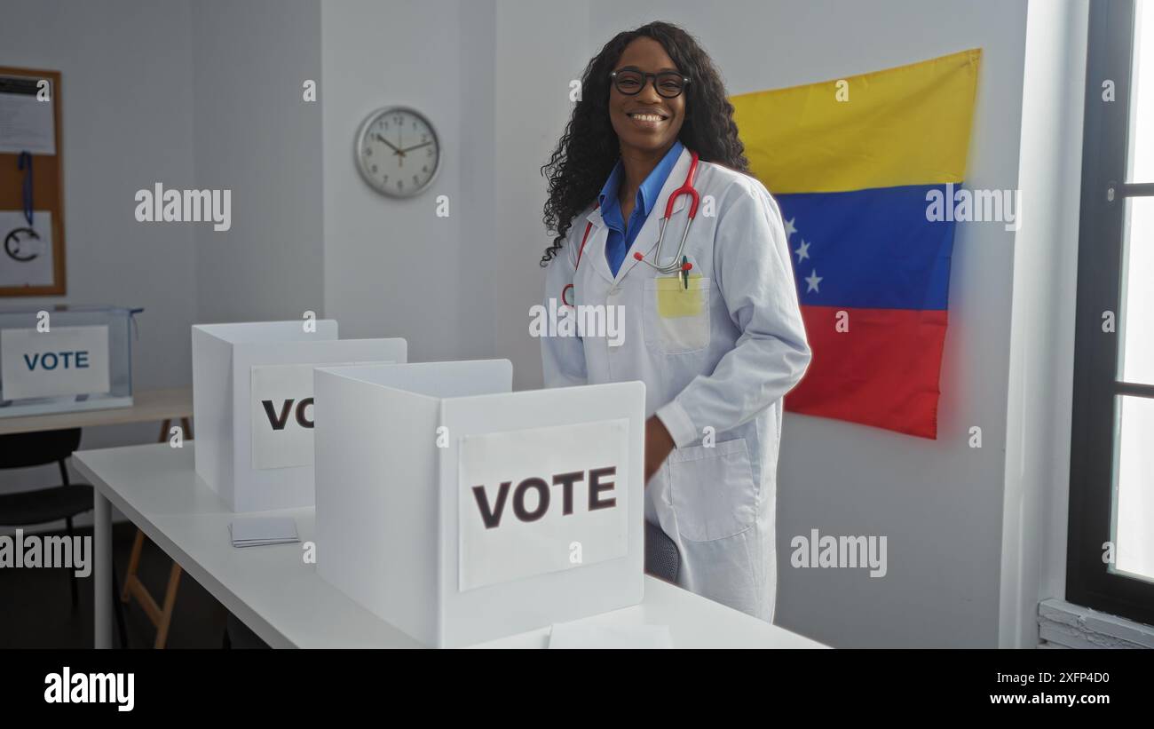 A beautiful young black woman with curly hair stands in a venezuelan ...
