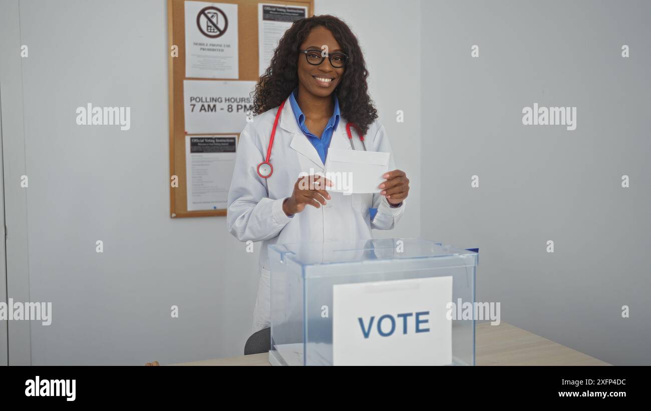 A young african american woman in a polling room, smiling while voting ...