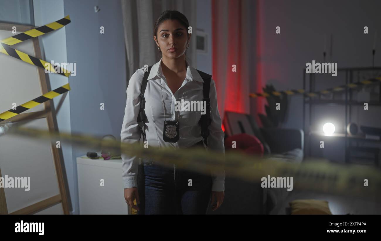 A determined young hispanic female detective stands at an indoor crime ...