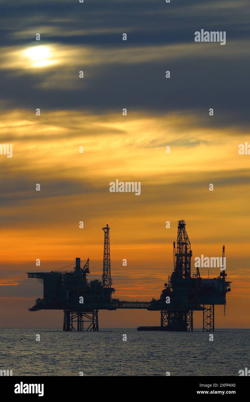 'Golden eagle' oil production platform, at sunset, North Sea, June 2016 ...