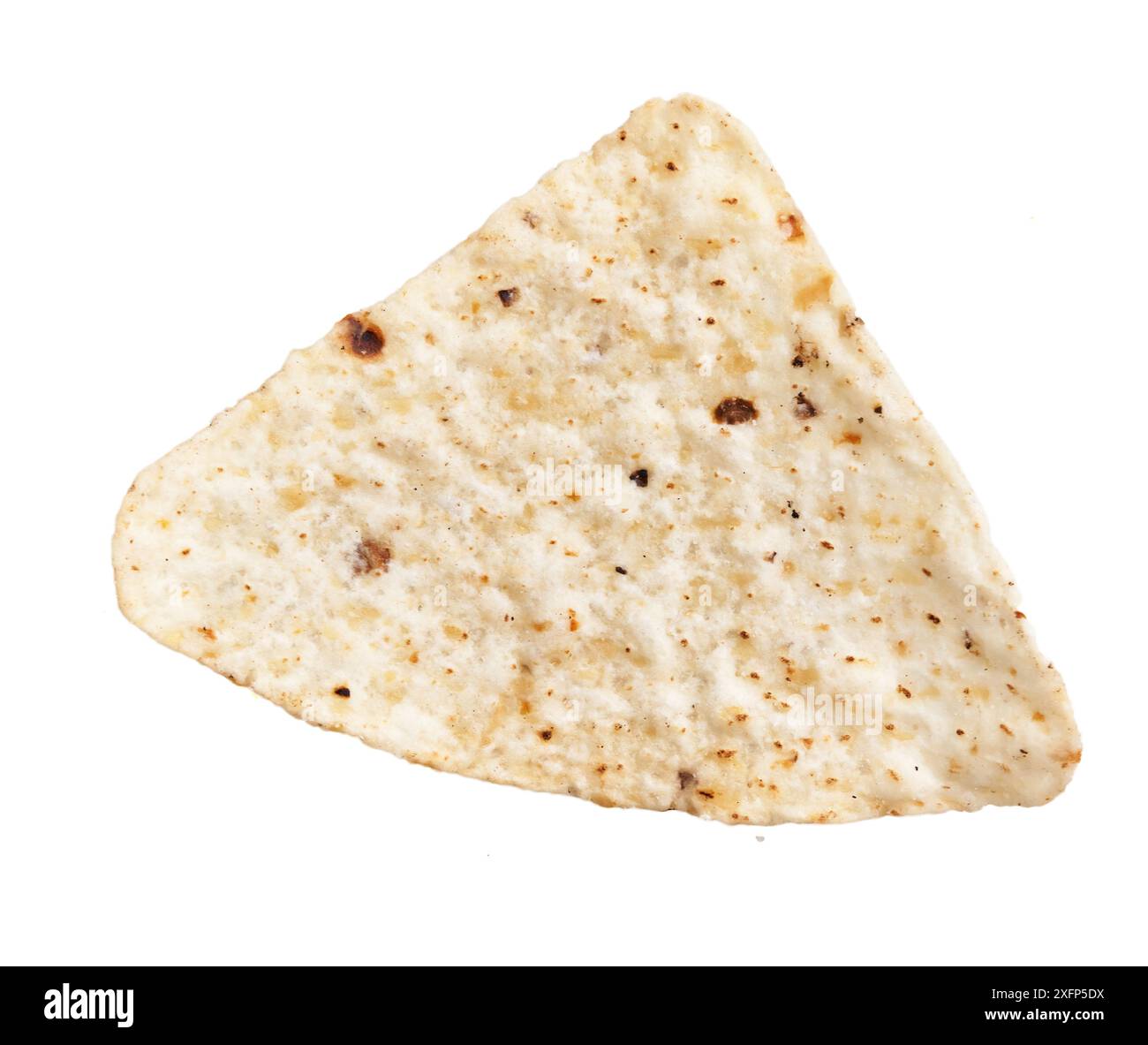 Close-up isolated image of a single triangular tortilla chip against a ...