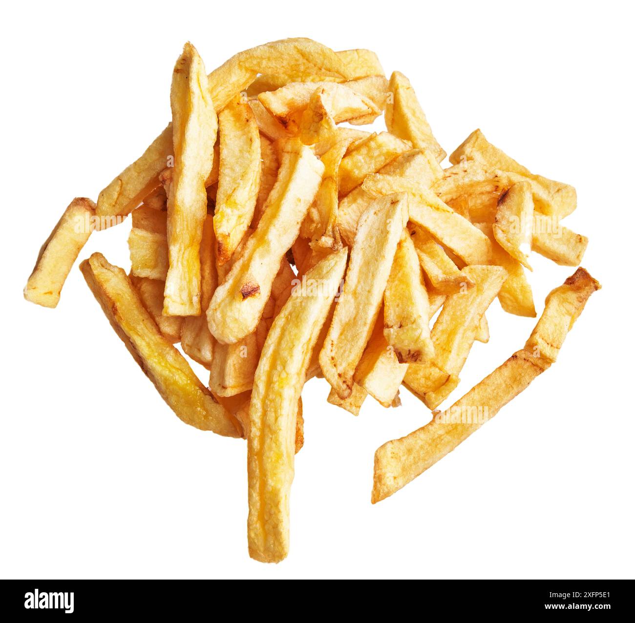 Isolated golden french fries scattered on a clear white background ...