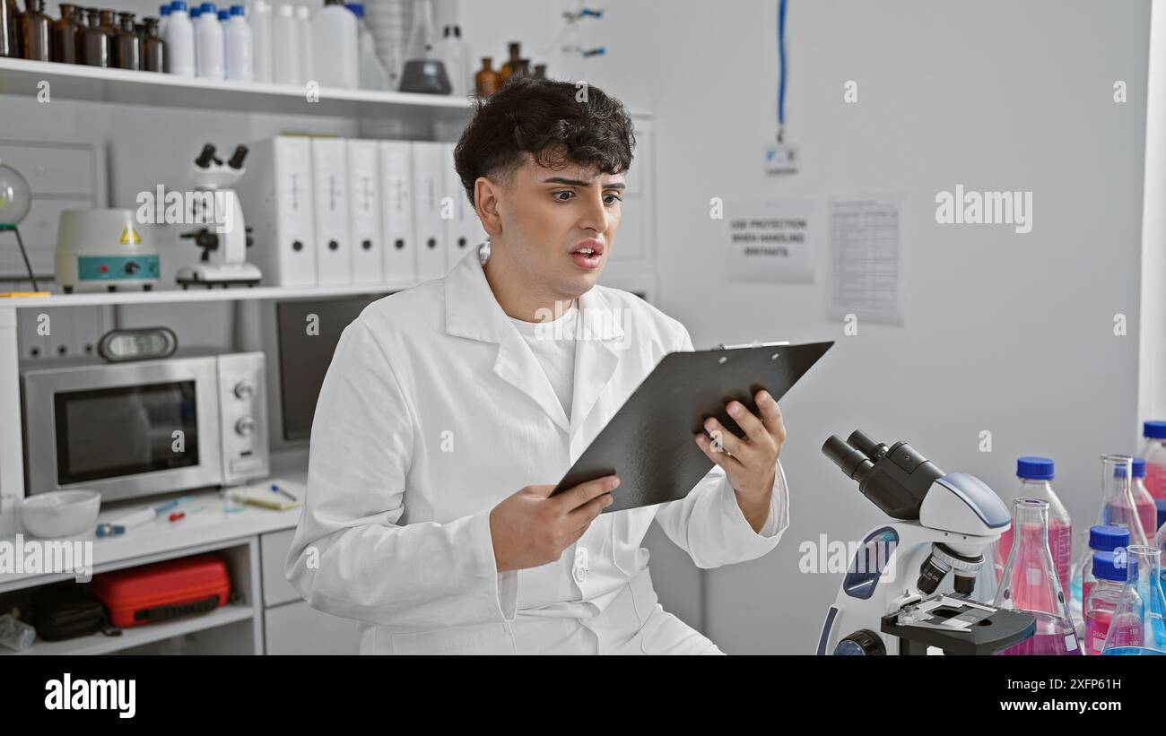 Young man in lab coat examining clipboard with puzzled expression in ...