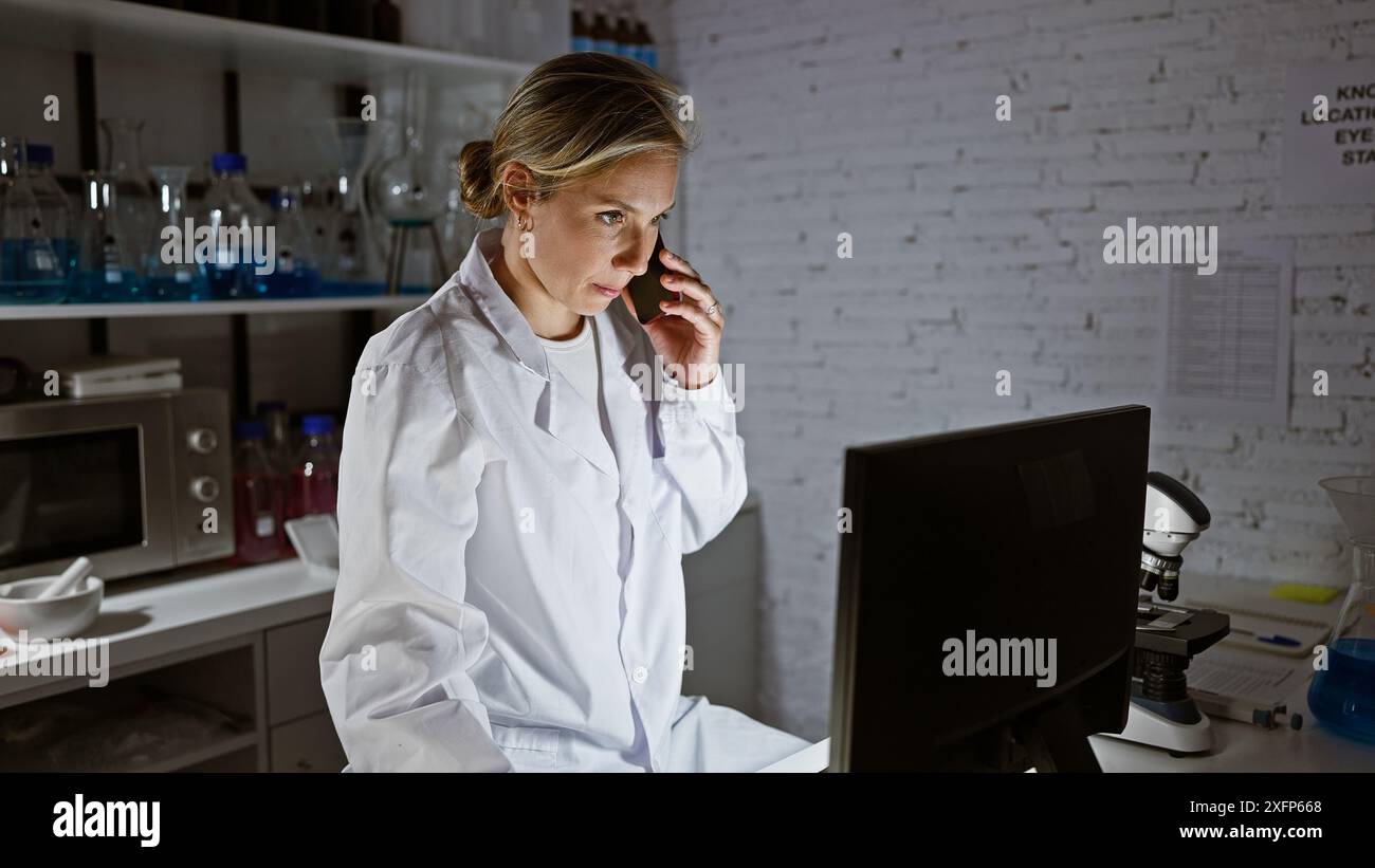 A focused caucasian woman scientist in a white lab coat is making a ...