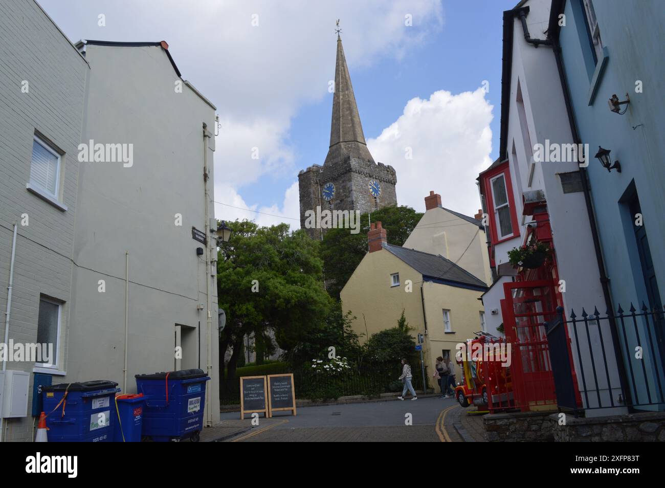 Tower and Spire of St Mary's Church seen from Cresswell Street. Tenby ...