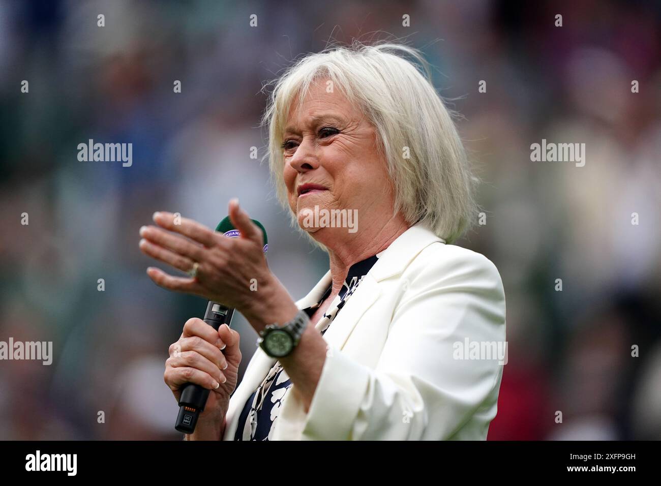 Sue Barker on day four of the 2024 Wimbledon Championships at the All England Lawn Tennis and ...