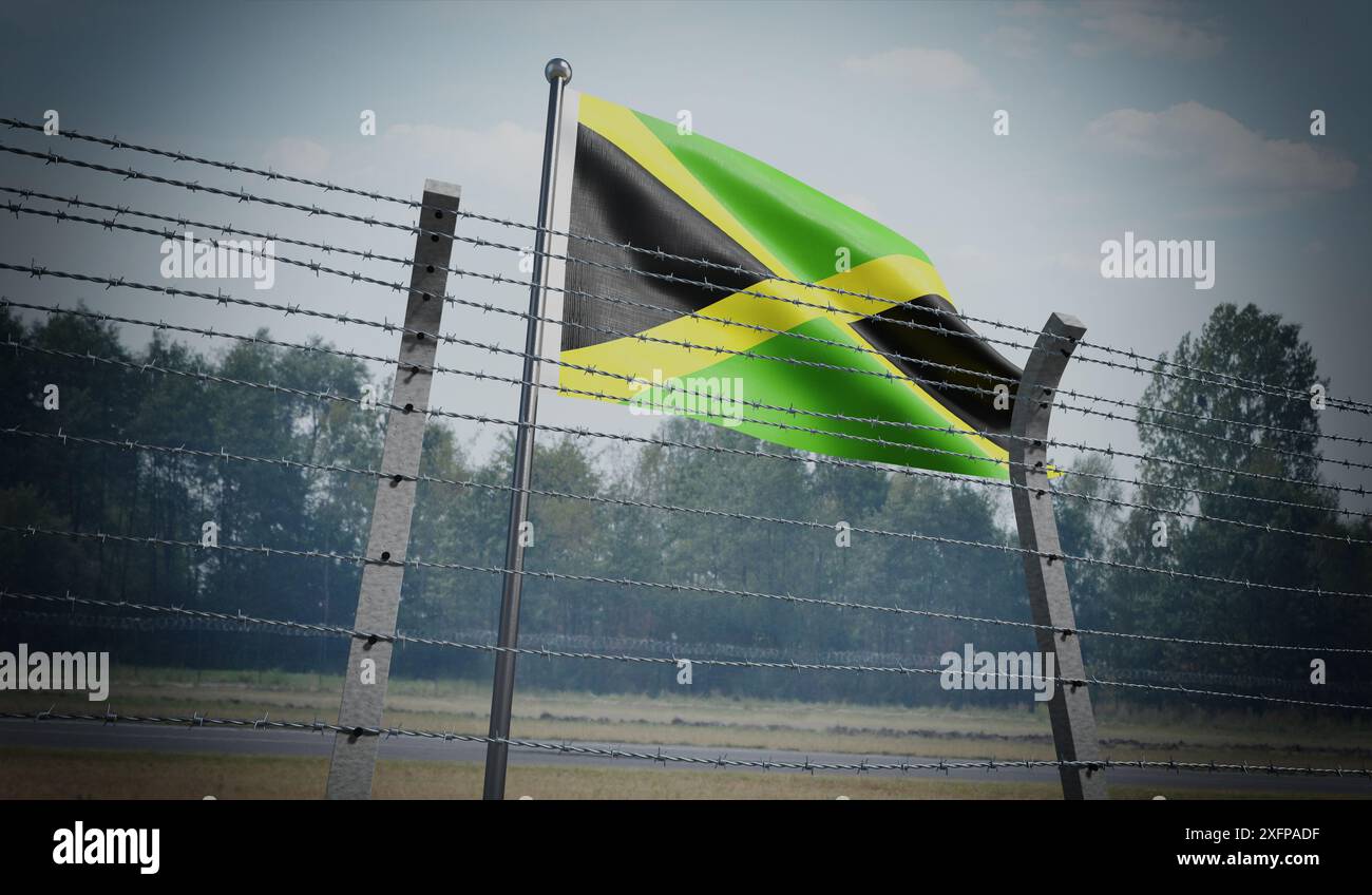 Barbed wire fence and flag of Jamaica - border concept - 3d ...