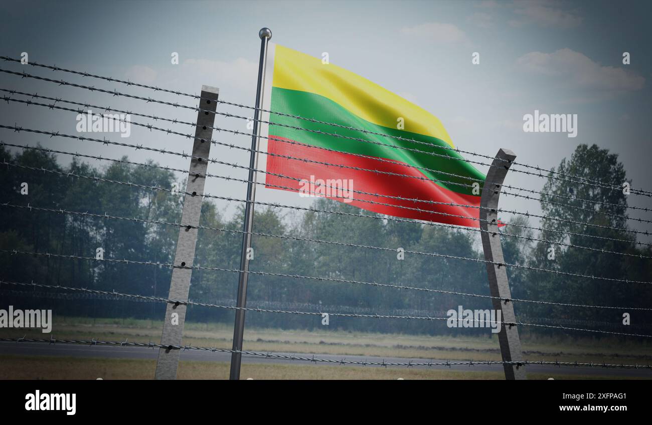 Barbed wire fence and flag of Lithuania - border concept - 3d ...