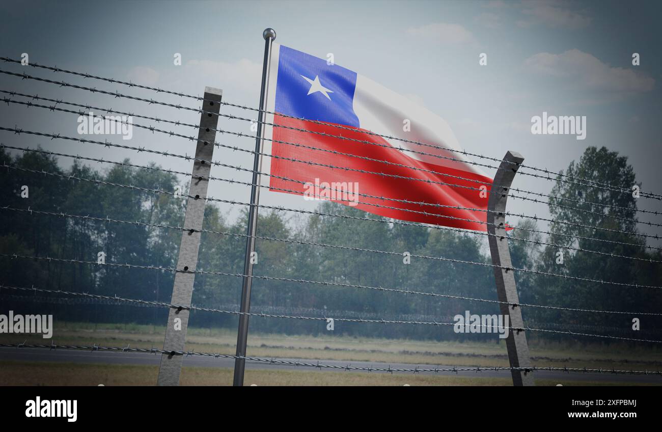 Barbed wire fence and flag of Chile - border concept - 3d illustration ...