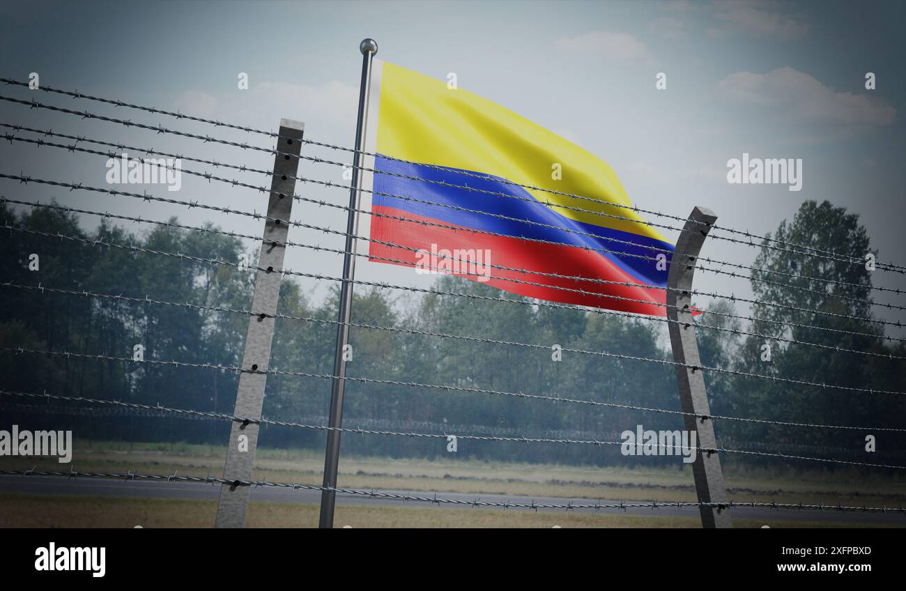 Barbed wire fence and flag of Colombia - border concept - 3d ...