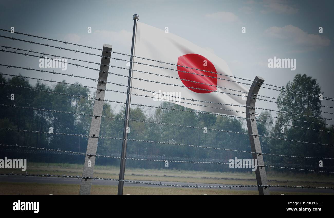 Barbed wire fence and flag of Japan - border concept - 3d illustration ...