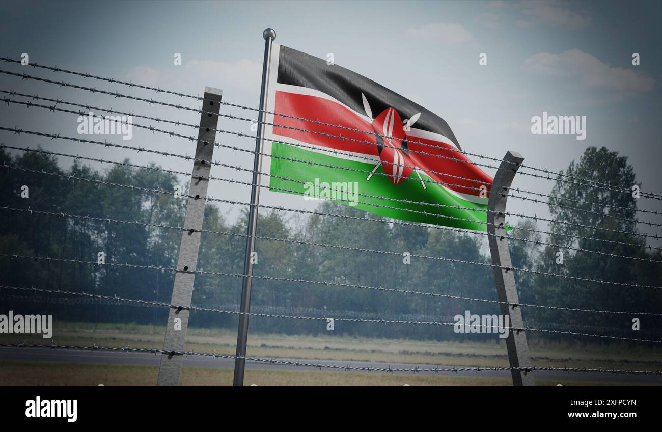 Barbed wire fence and flag of Kenya - border concept - 3d illustration ...