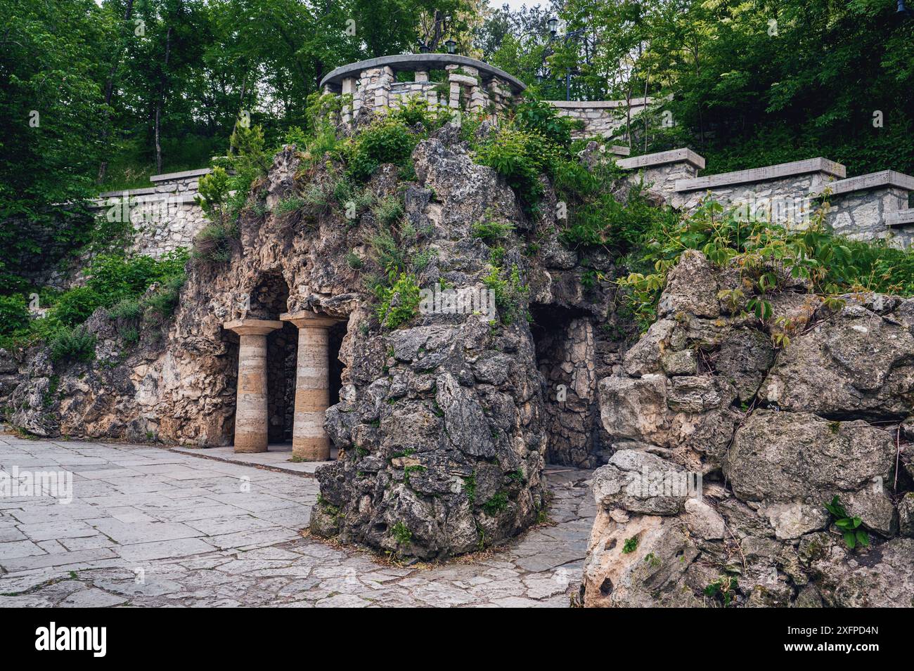 Pyatigorsk, Russia 05.09.2024. Two columns support a vault carved into ...