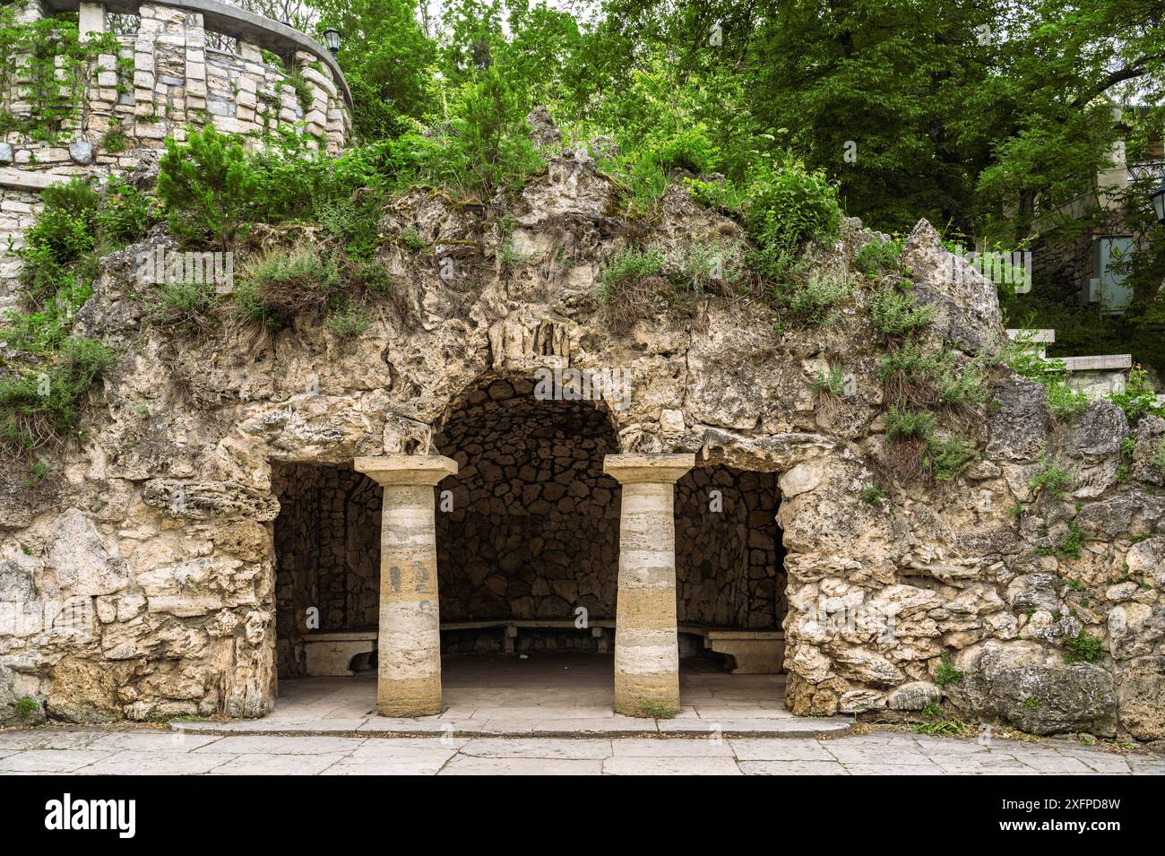 Pyatigorsk, Russia 05.09.2024. Two columns support a vault carved into ...