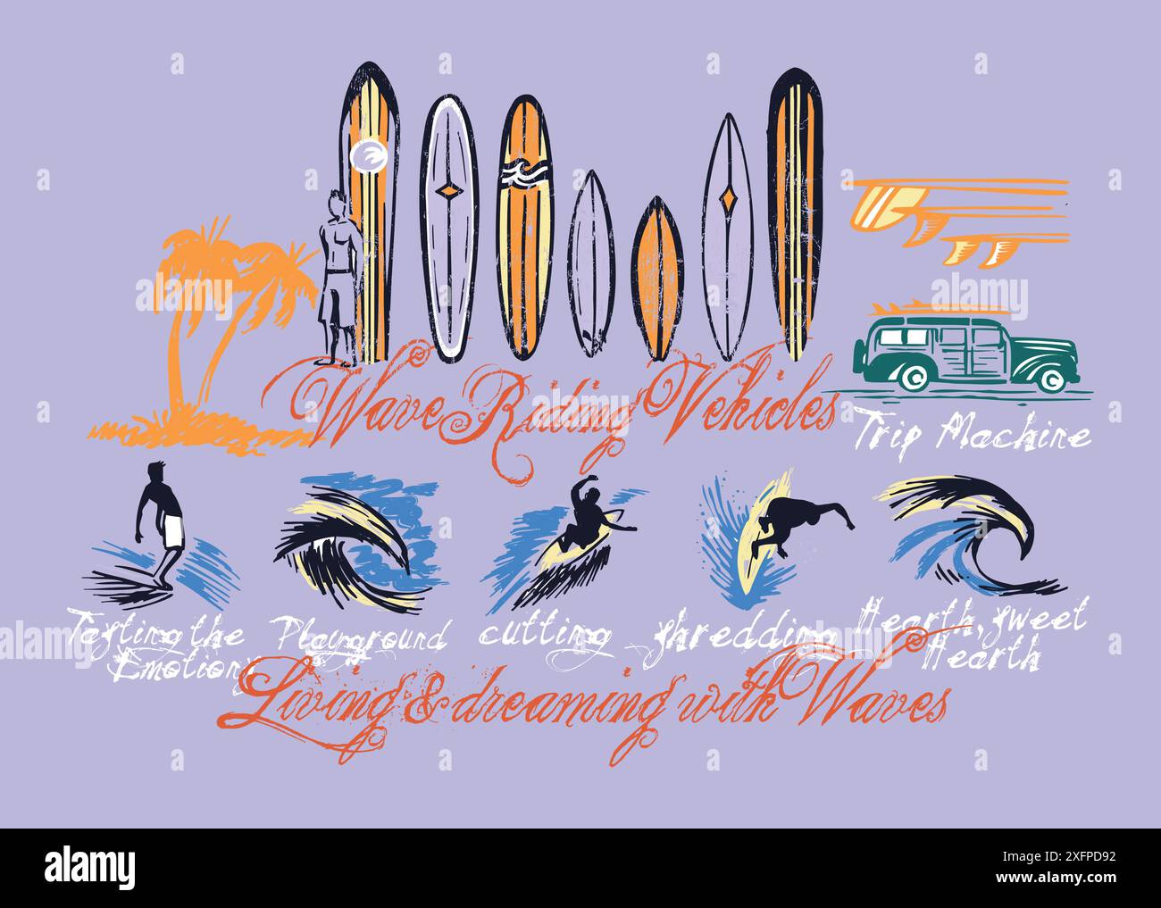 Vector illustration of surfers, old boards and surfing related elements ...