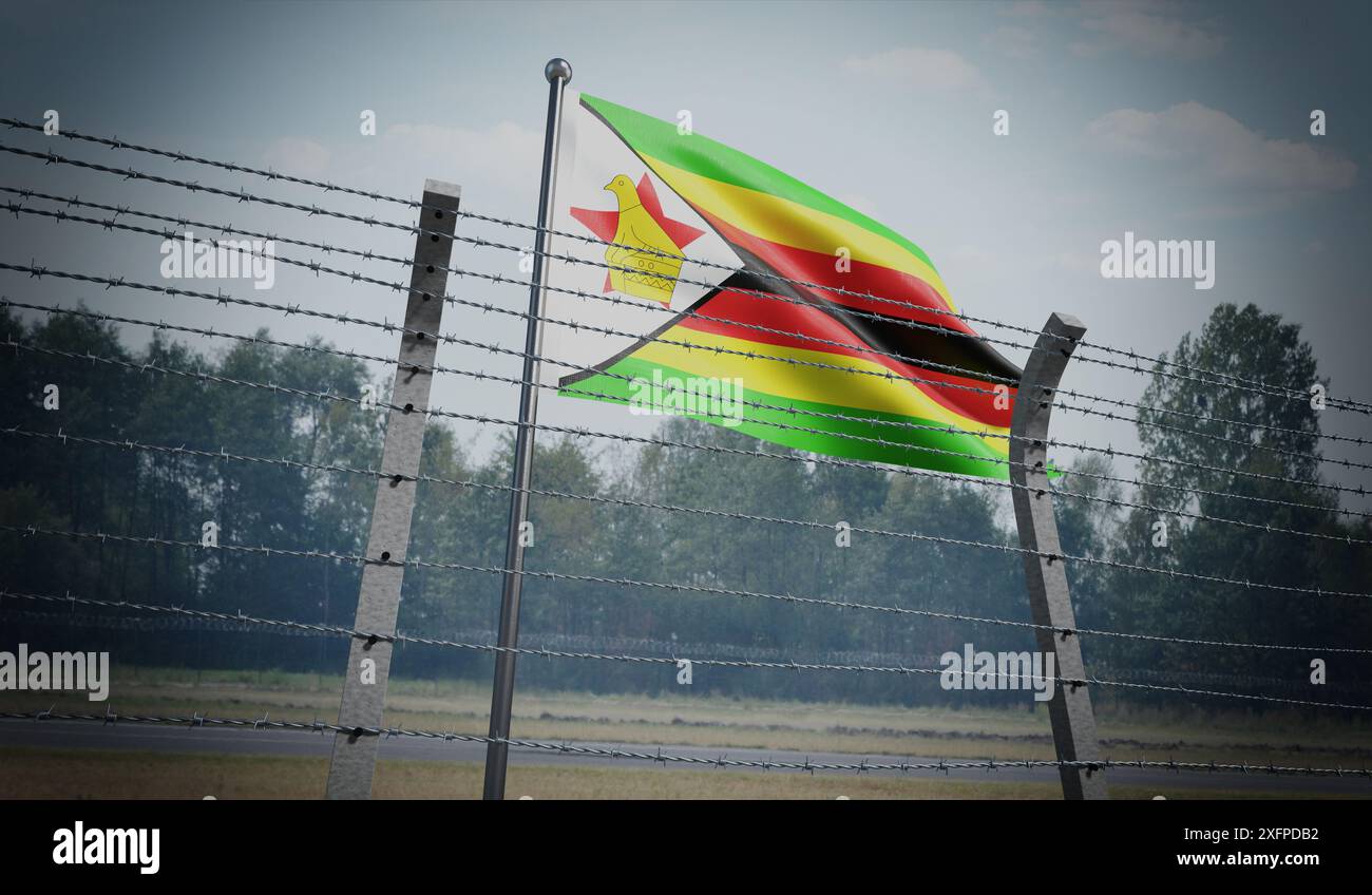 Barbed wire fence and flag of Zimbabwe - border concept - 3d ...