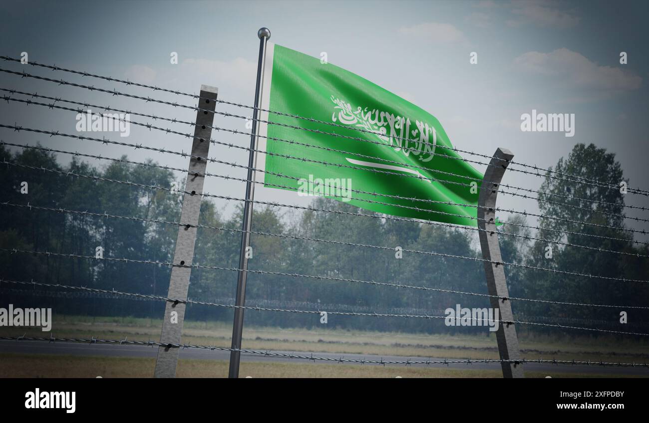 Barbed wire fence and flag of Saudi Arabia - border concept - 3d ...