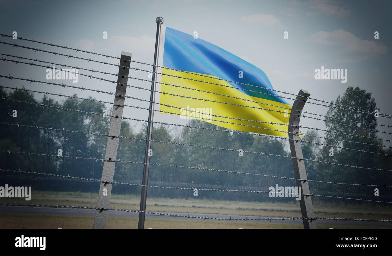 Barbed wire fence and flag of Ukraine - border concept - 3d ...