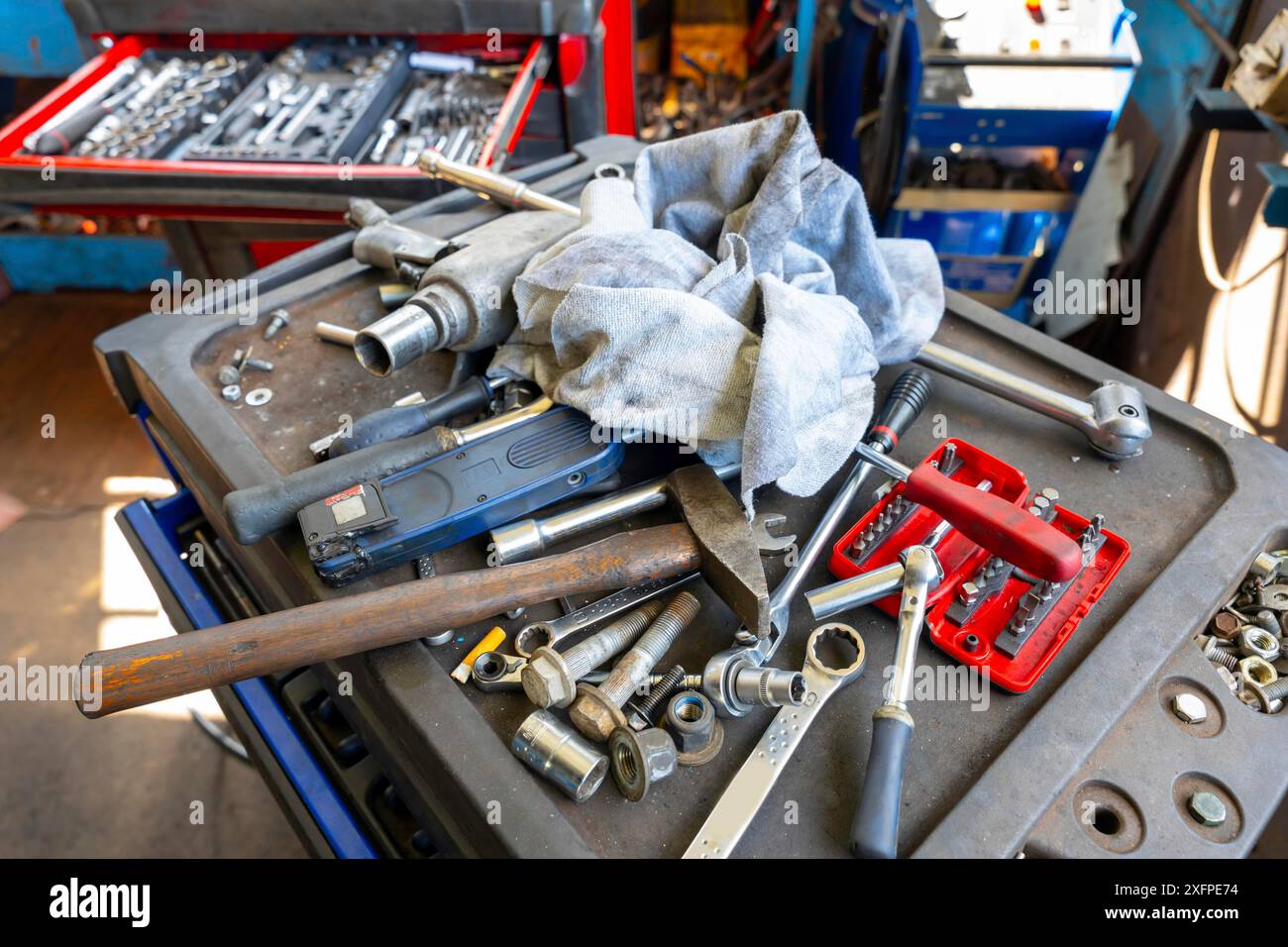 Boxes with Different Work Tool For a Workshop For Car in a Sunny Day in ...