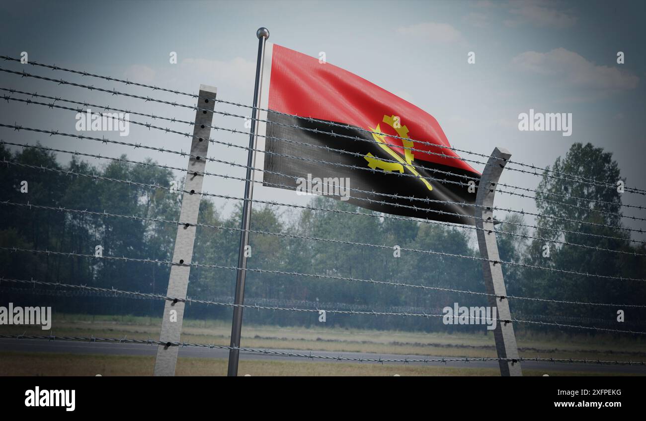 Barbed wire fence and flag of Angola - border concept - 3d illustration ...