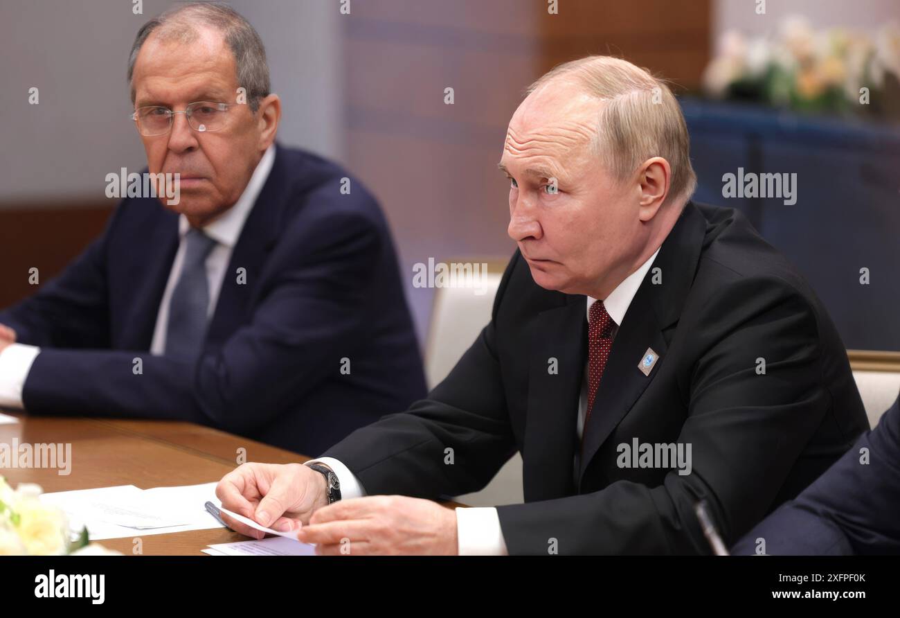 Astana, Kazakhstan. 04th July, 2024. Russian President Vladimir Putin, right, and Russian ...