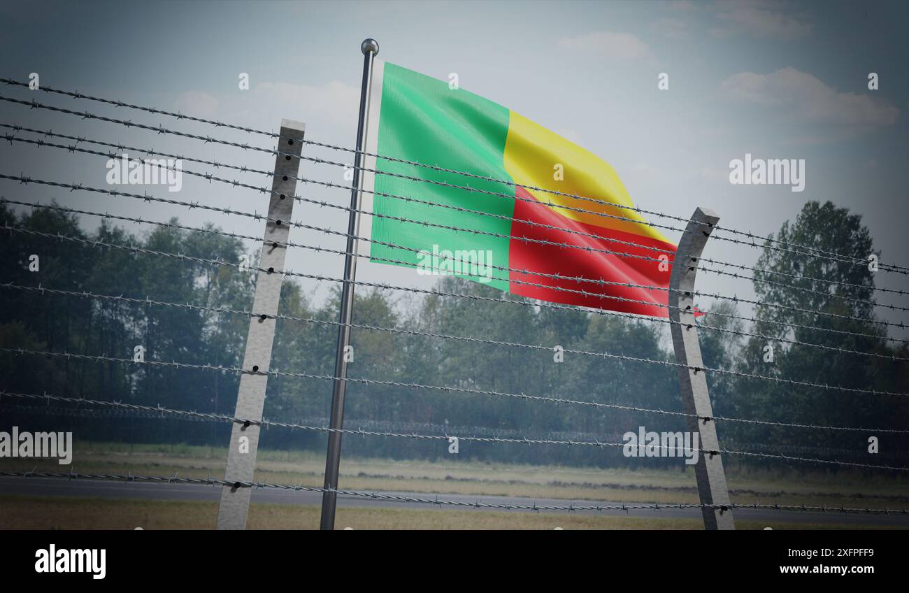 Barbed wire fence and flag of Benin - border concept - 3d illustration ...