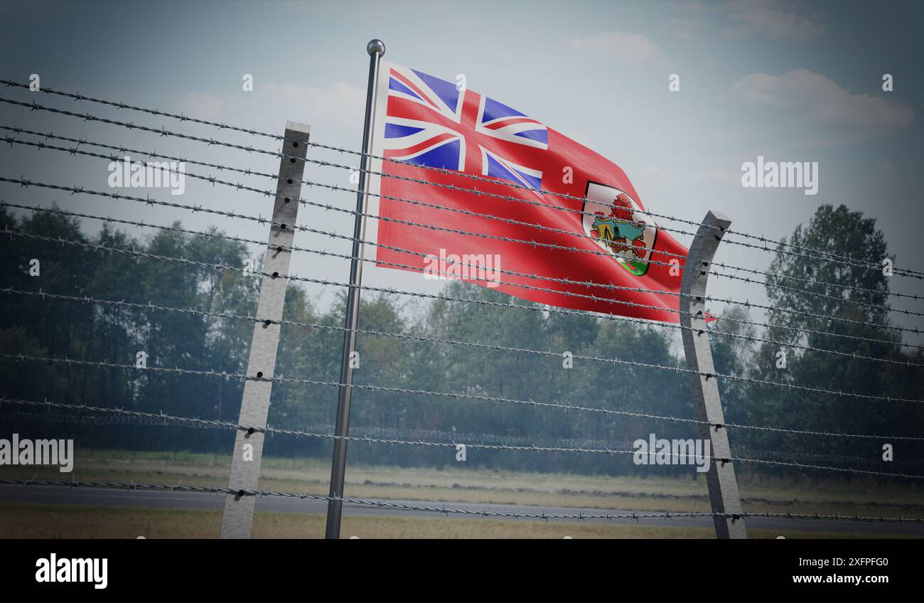 Barbed wire fence and flag of Bermuda - border concept - 3d ...