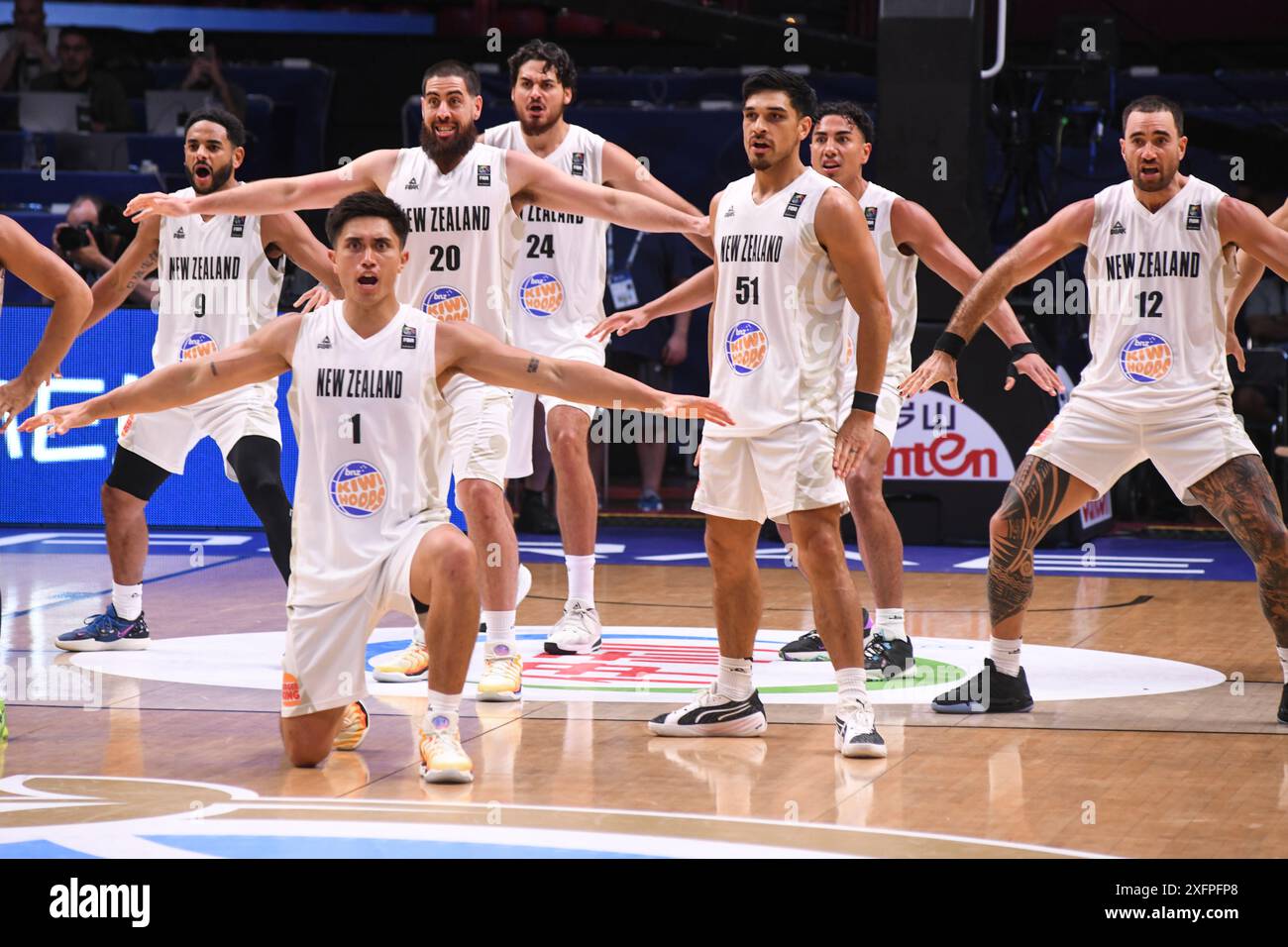 New Zealand basketball team perfoming the haka. FIBA Olympic Qualifying Tournament. Piraeus 2024 ...